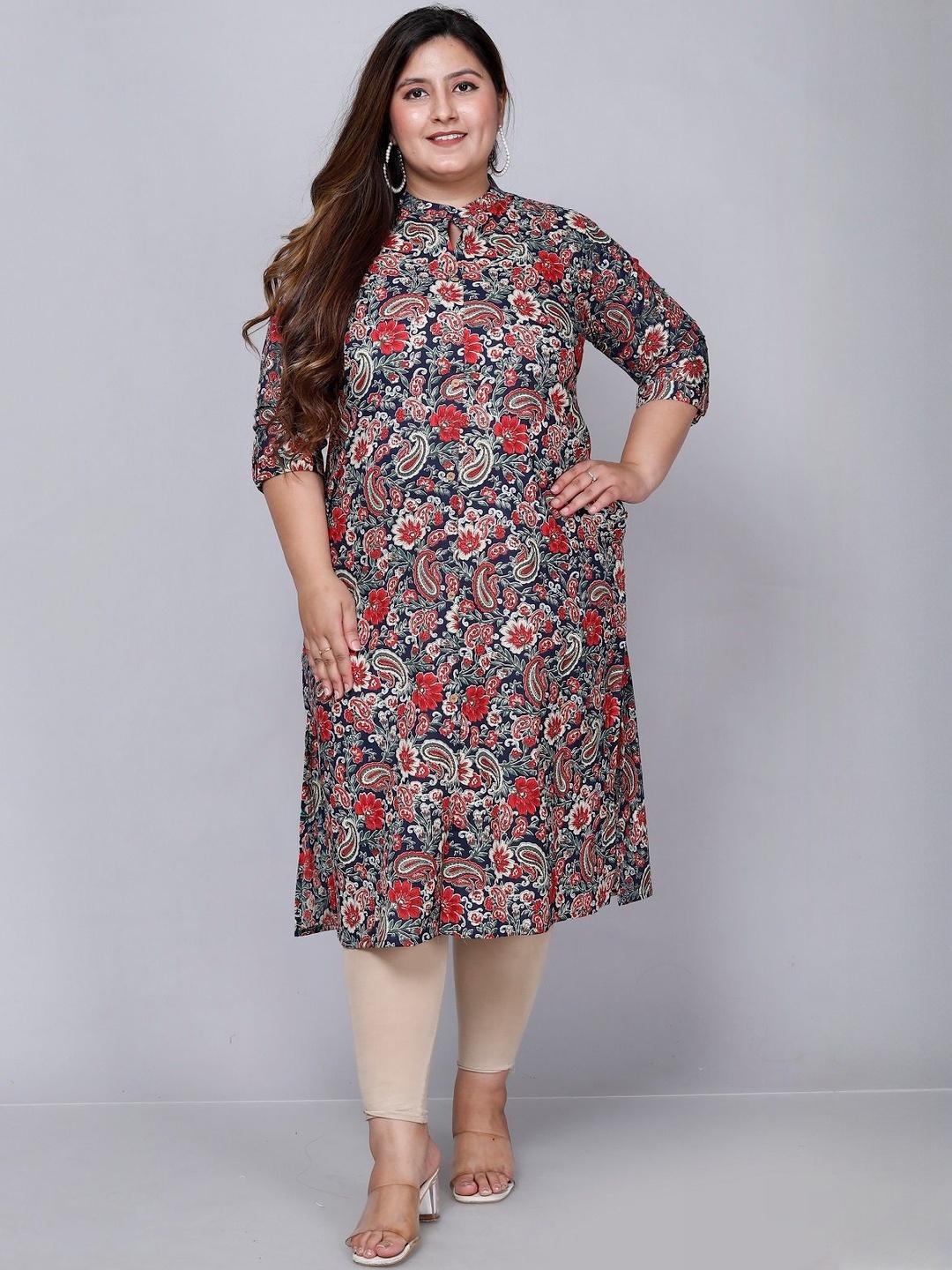 Buy Vasavi Black Colour Cotton Plus Size A Line Kurta Kurti For Women ...
