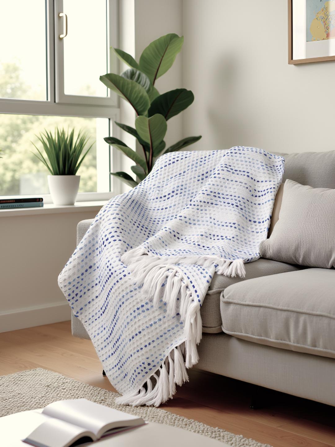 Buy SAJAVAT Blue Multi Knitted Pure Cotton Sofa Throw Blanket - Throws ...
