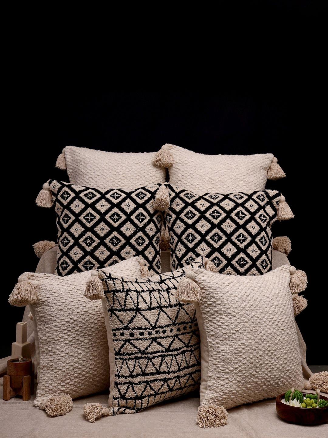Buy ANWYN Black & Beige 7 Pcs Self Design Textured Jacquard Square ...