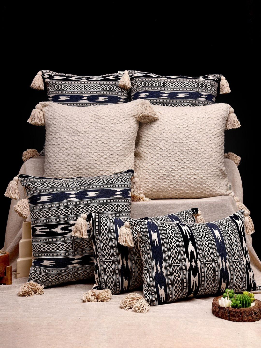 Buy ANWYN Black & Cream 7 Pcs Self Design Textured Jacquard Square ...