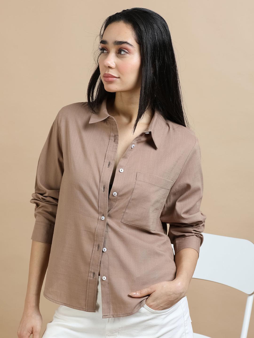 Buy GLAM & CHIQUE Women's Relaxed Fit Spread Collar Solid Casual Shirt ...
