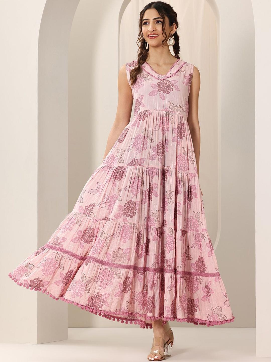 Buy Libas Women Floral Printed Gathered Sleeveless Fit And Flare Maxi ...