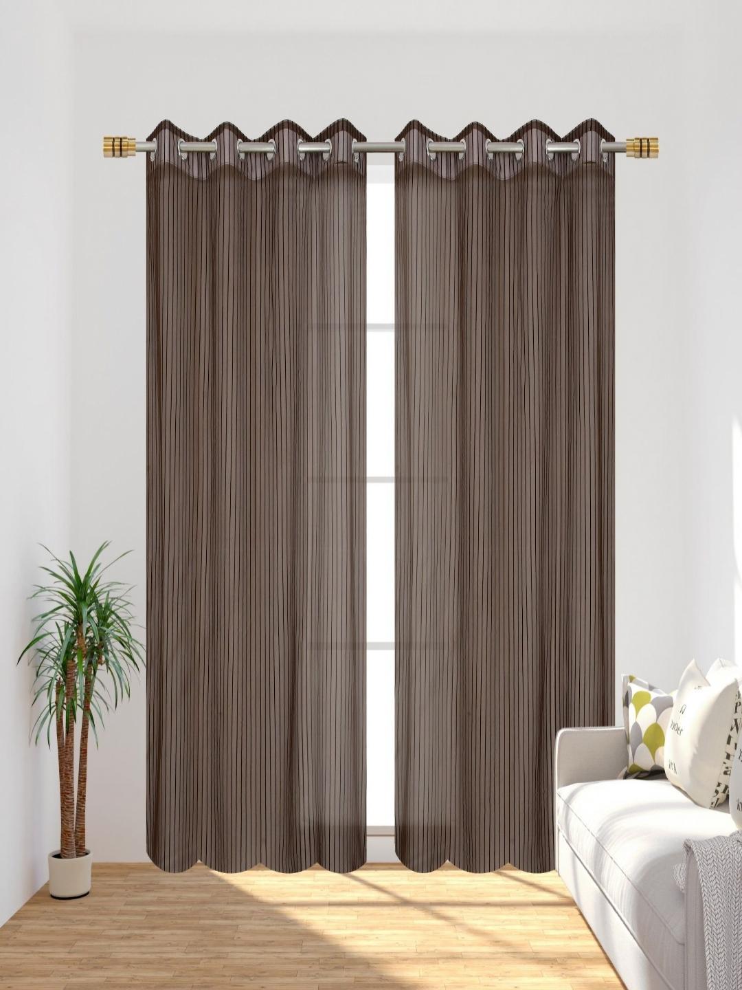 Buy Aura Coffee Brown 2 Pieces Striped Sheer Window Curtains - Curtains ...