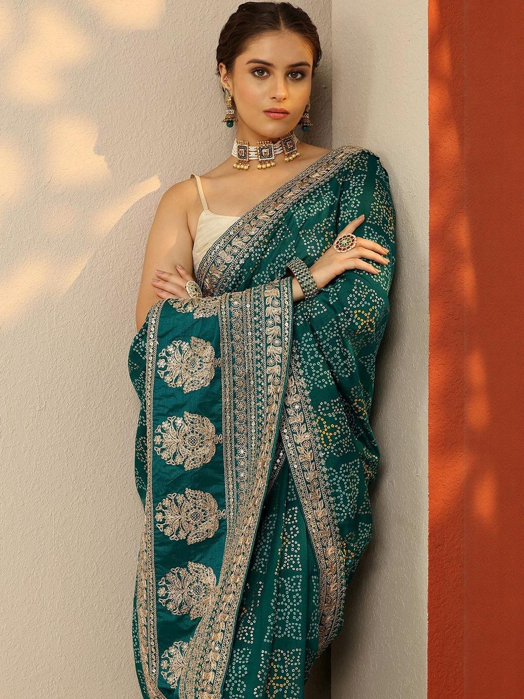 Buy Libas Bandhani Printed Thread Work Heavy Work Saree With Unstitched ...