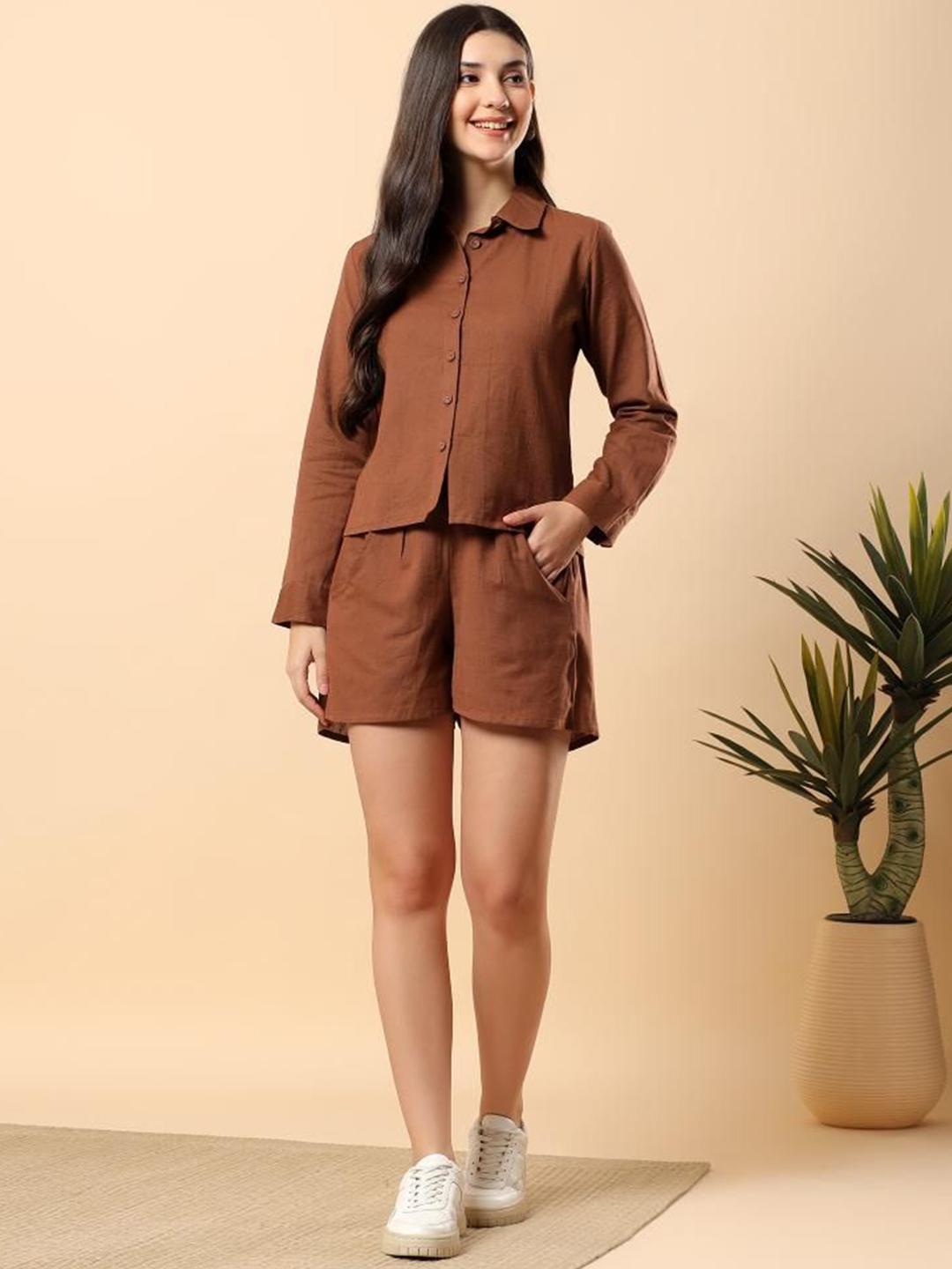 Buy Aayusika Coffee Brown Cotton Flex Solid Shirt With Short Pants Set ...