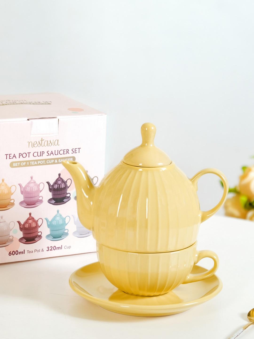 Buy Nestasia Yellow 3 Pieces Textured Stackable Ceramic Tea Set - Tea ...