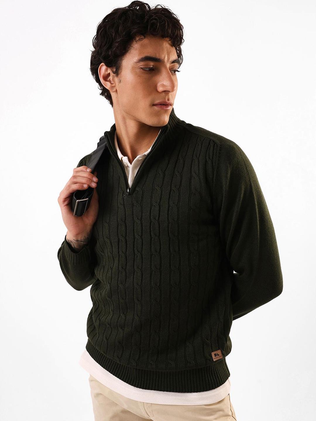 Buy Dennis Lingo Men Cable Knit Self Design Mock Collar Front Open ...
