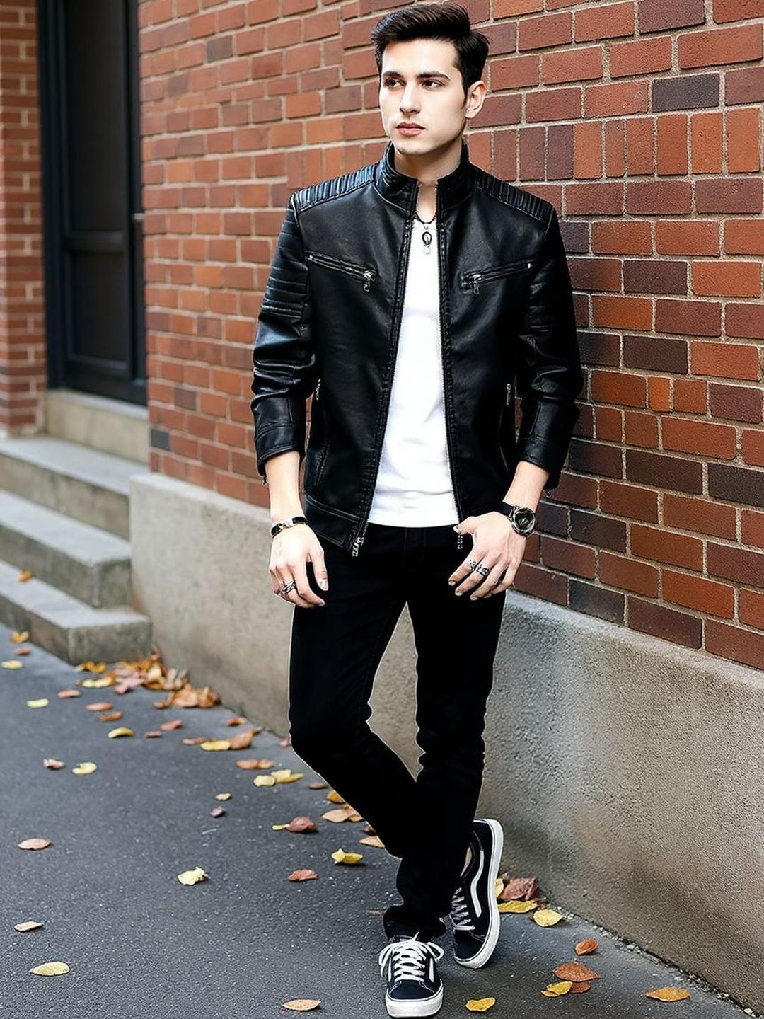 Buy HERE&NOW Men Solid Long Sleeves Mock Collar Windcheater Leather ...