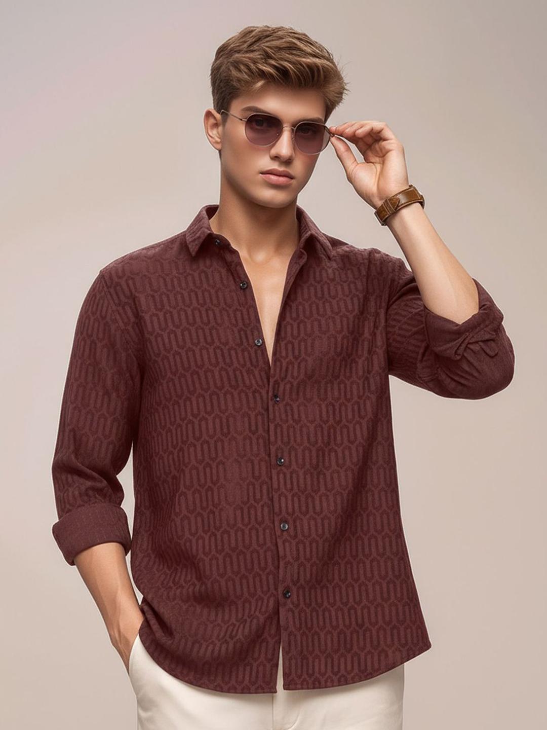 Buy Anouk Rustic Men Standard Fit Textured Spread Collar Casual Shirt ...