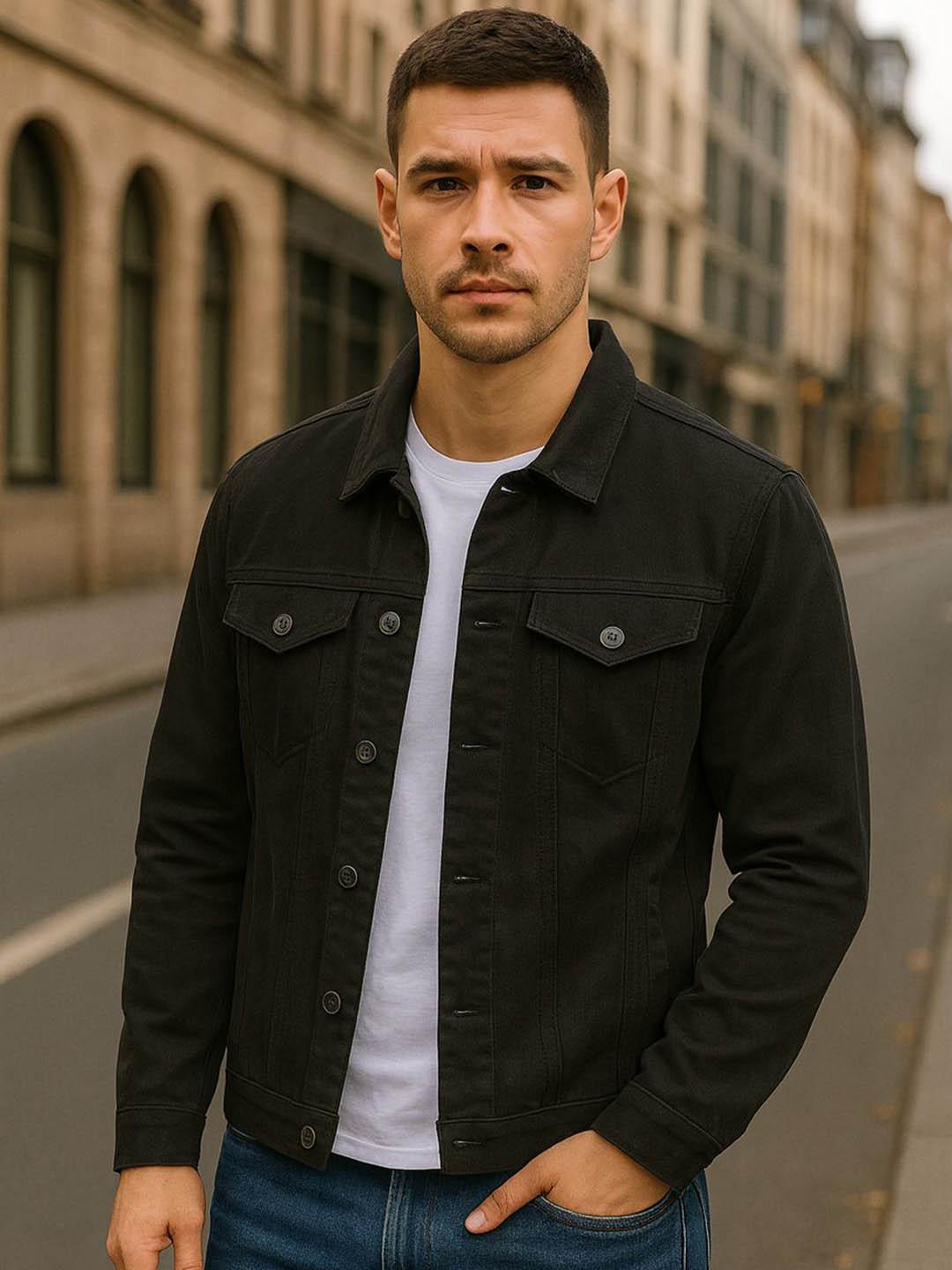 Buy KASHIAN Men Spread Collar Solid Denim Jacket - Jackets for Men ...