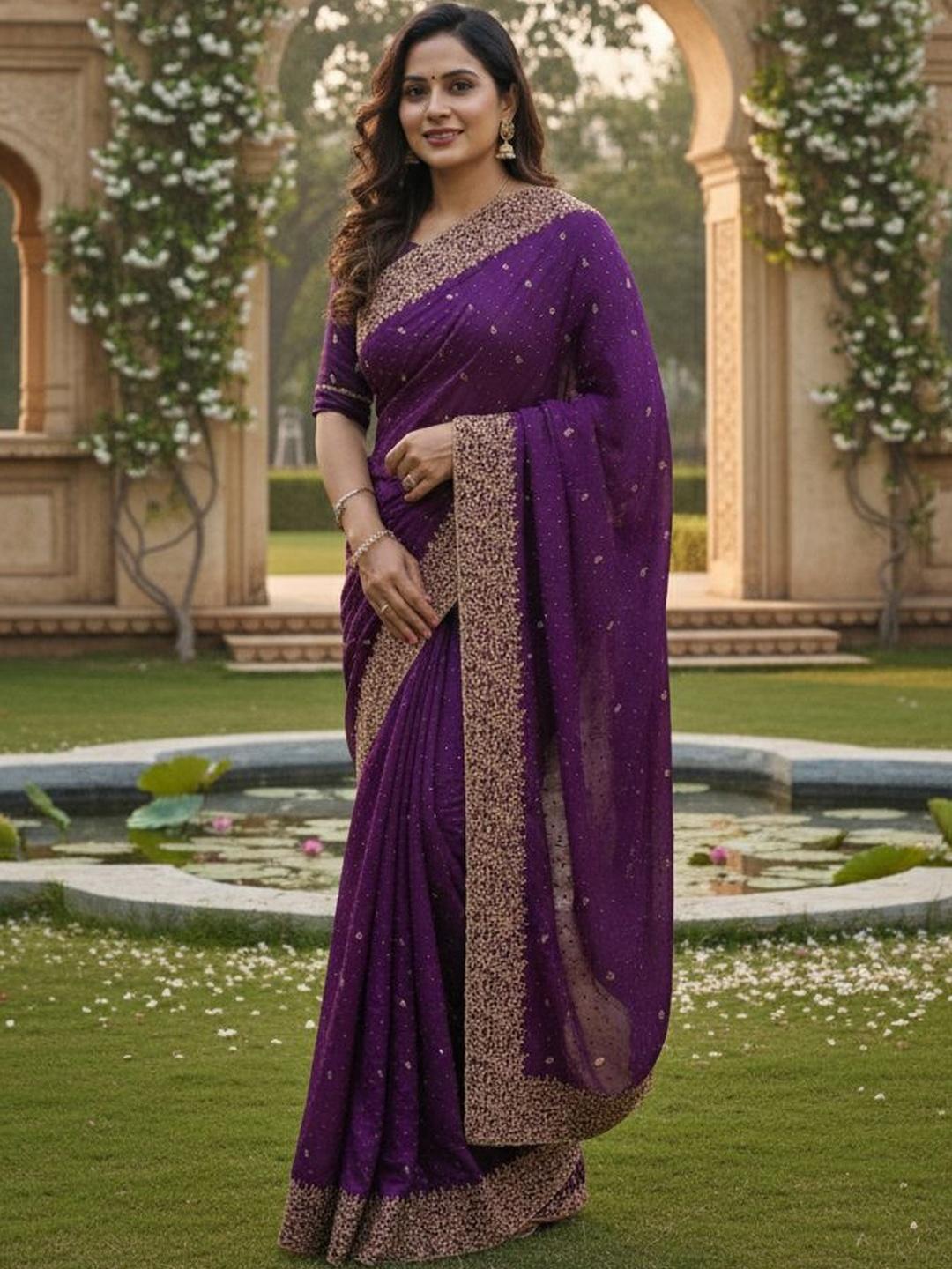 Buy GEN Z TRENDS Solid Embellished Embroidered Saree - Sarees for Women ...