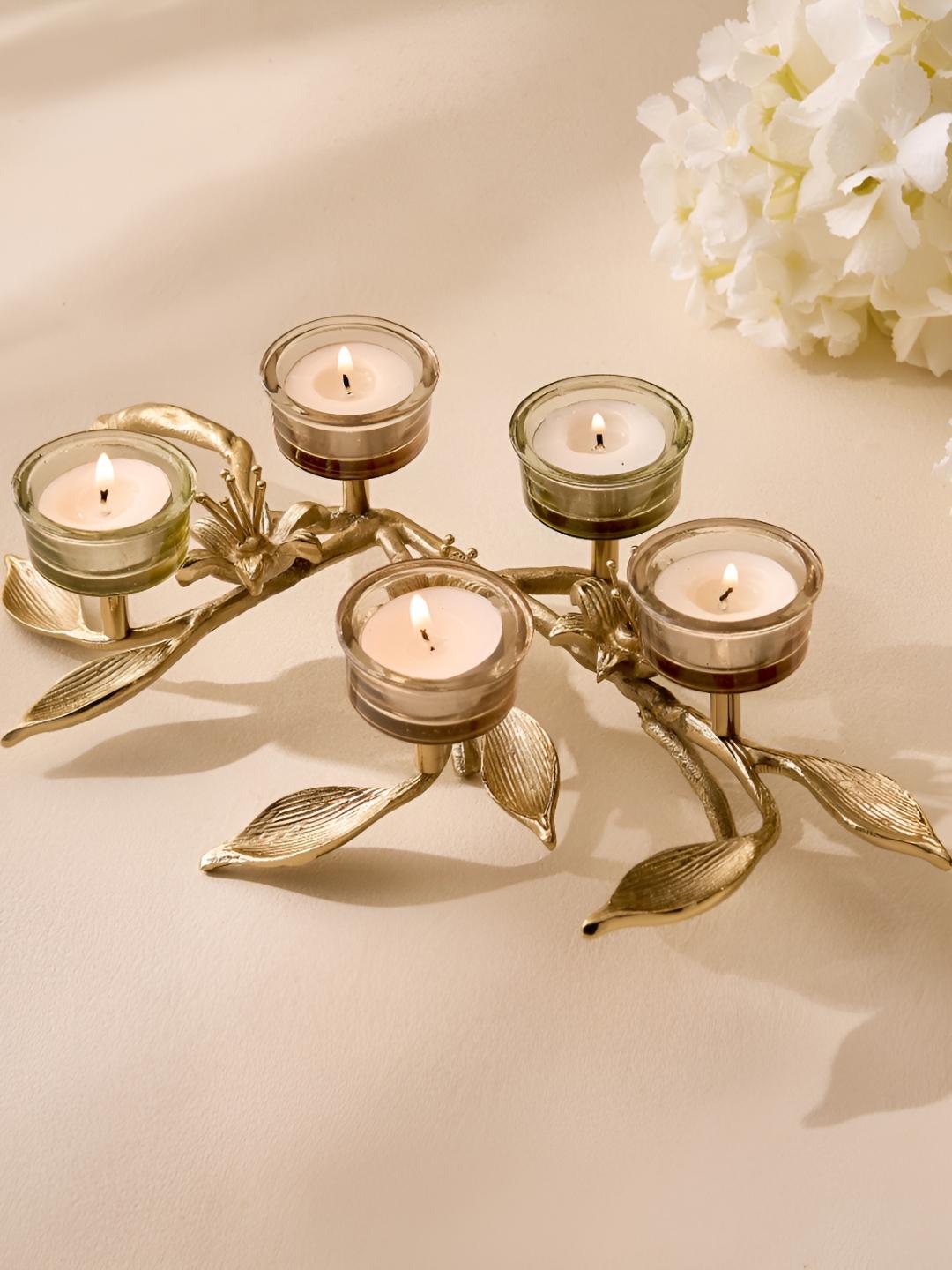 Buy Home Centre Amara Ava Gold Toned Floral Textured Glass T Light ...