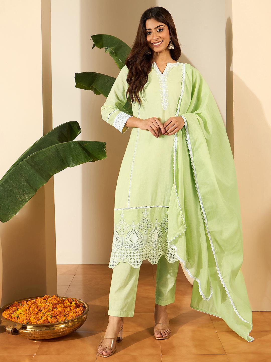 Buy Inddus Women Cotton Blend Thread Work Kurta Set With Trousers ...