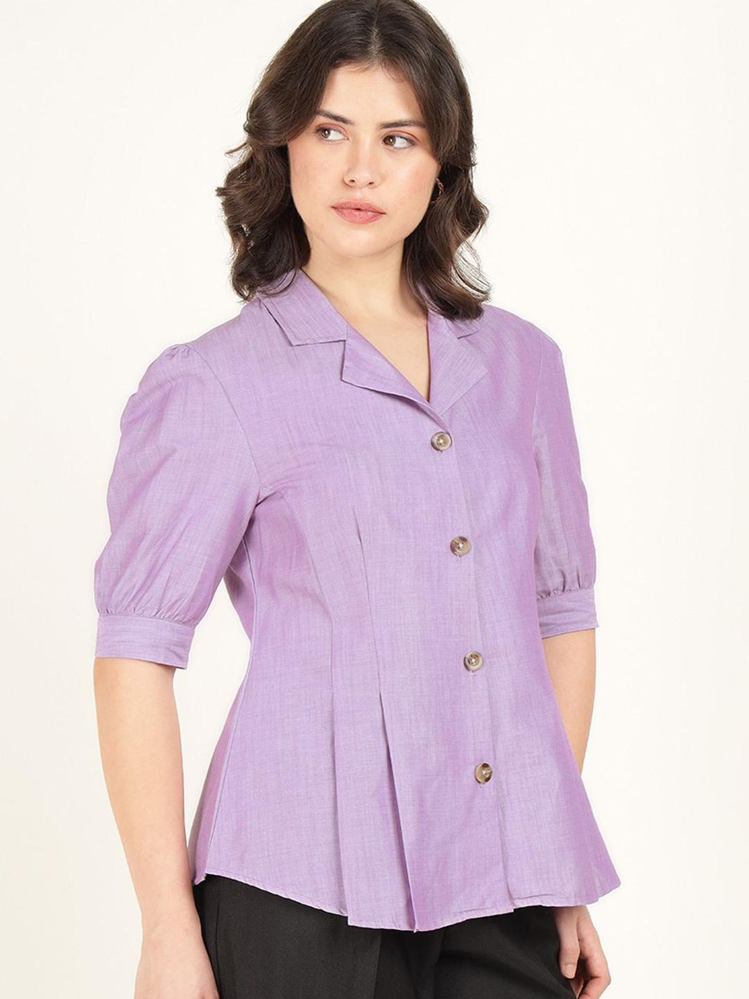 Buy Hancock Women Solid Cuban Collar Pleated Oxford Weave Pure Cotton ...