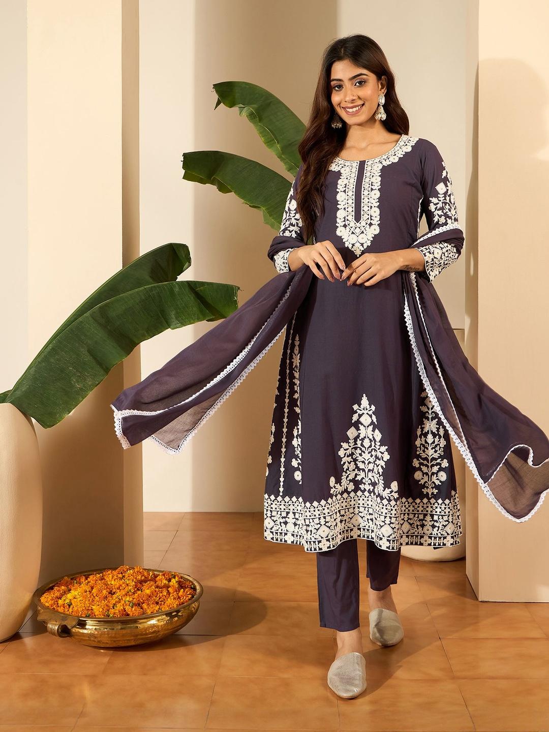 Buy Inddus Women Ethnic Motifs Embroidered Thread Work Kurta Set With ...