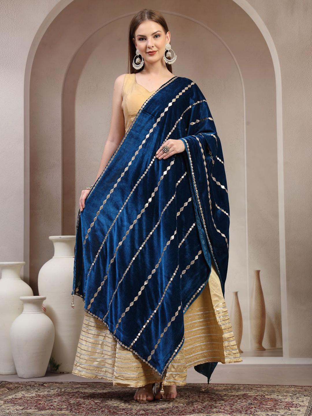 Buy Clora Creation Geometric Embroidered Velvet Dupatta With Gotta ...