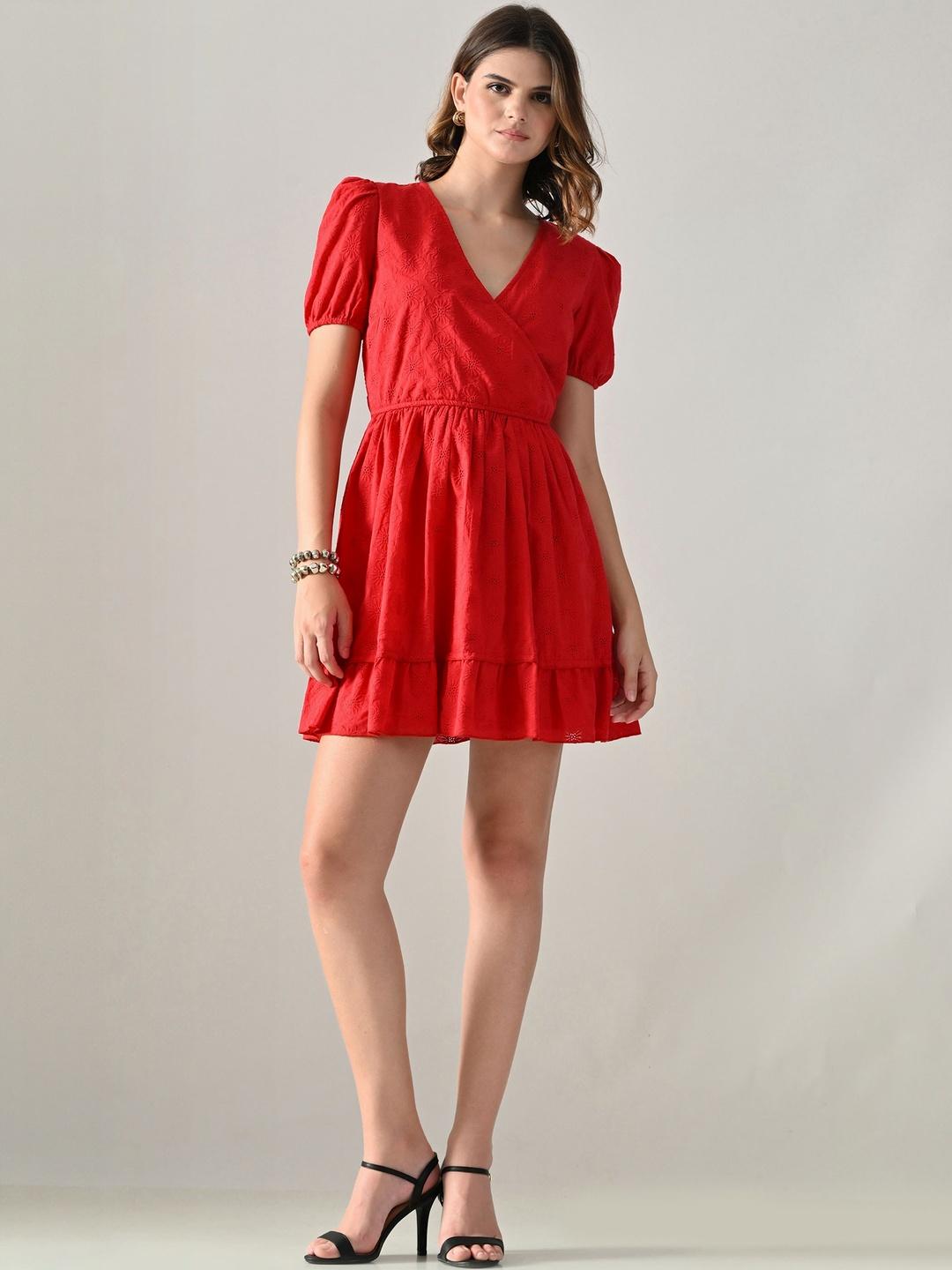 Buy SMERA MART Floral Embroidered Puff Sleeve Fit & Flare Mini Dress - Dresses for Women ...