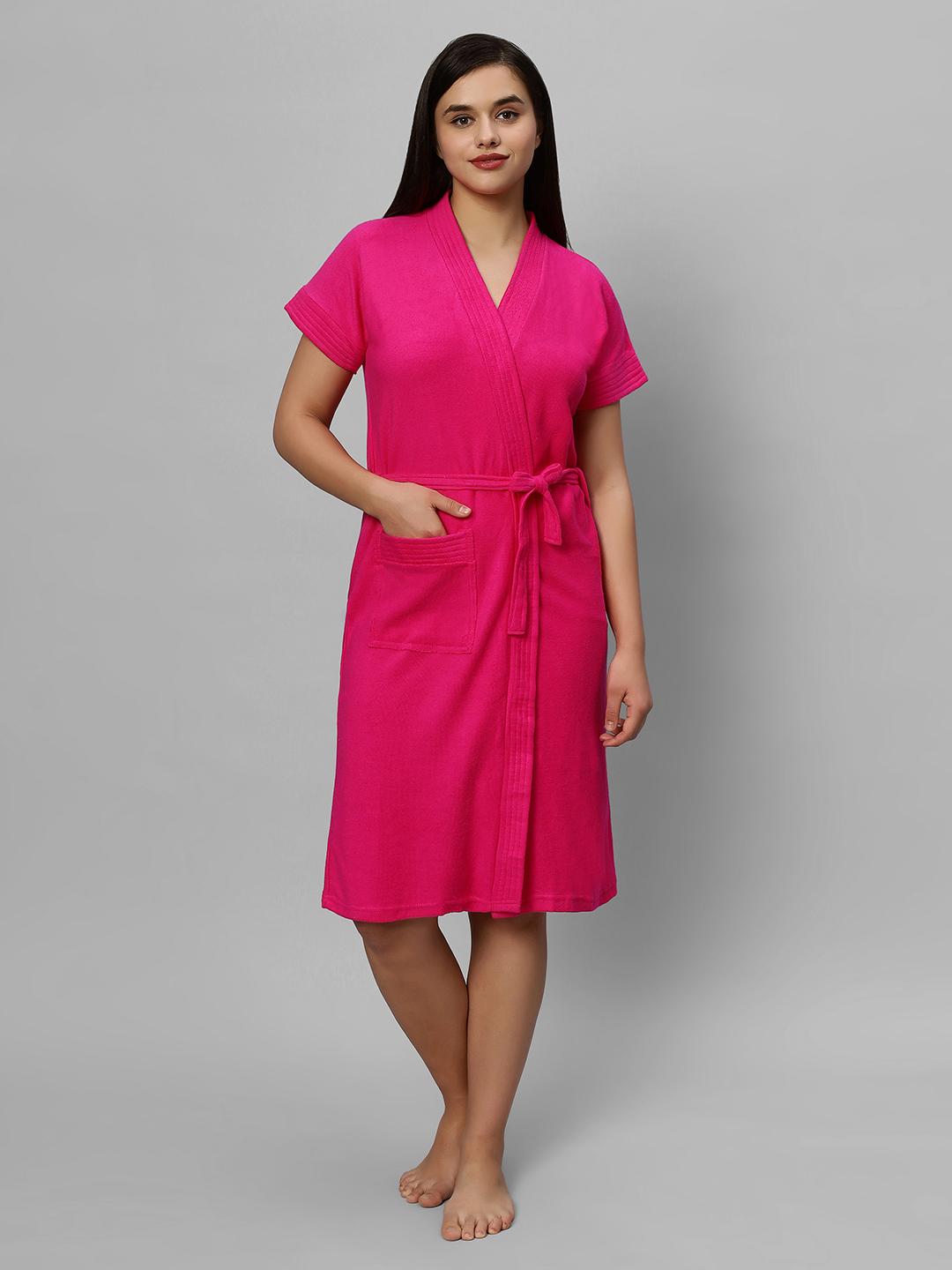 Buy LacyLook Pink Solid Cotton Drawstring Knee Length Bath Robe S ...