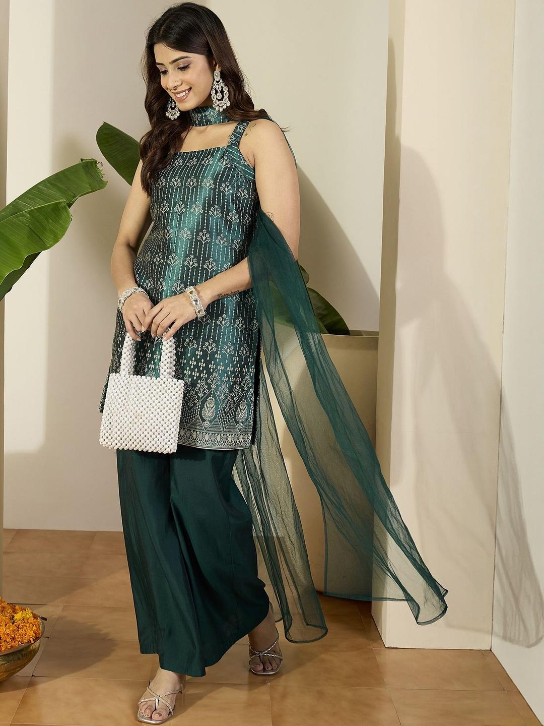 Buy Inddus Women Floral Zari Woven Design Jacquard Kurta Set With ...