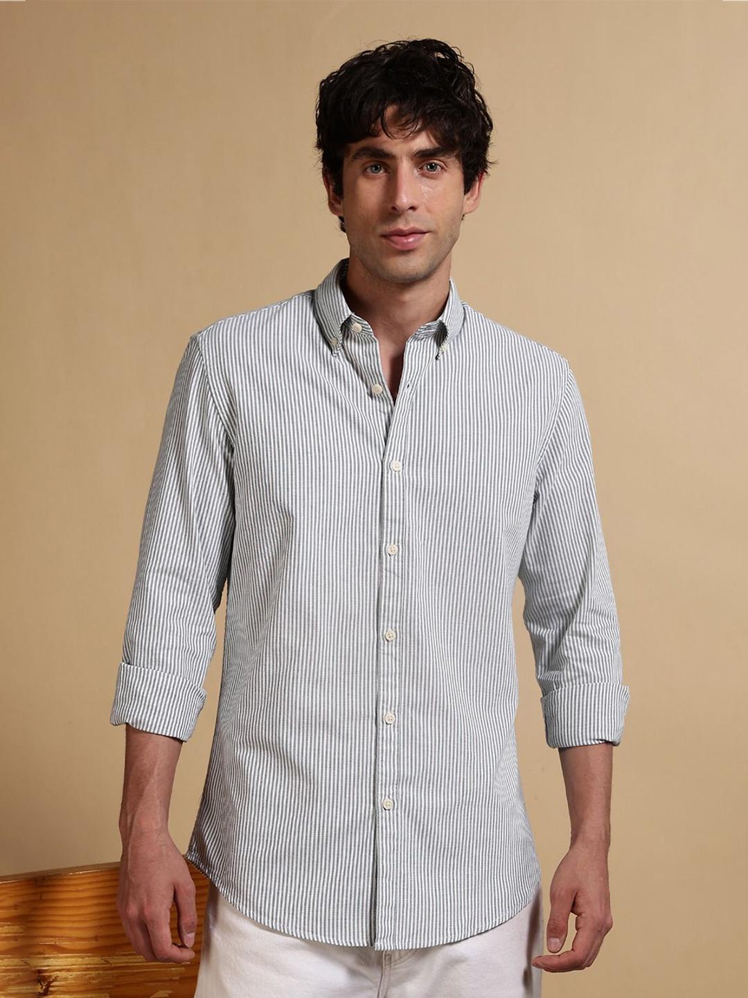 Buy Blu MNKY Classic Striped Spread Collar Slim Fit Cotton Shirt ...