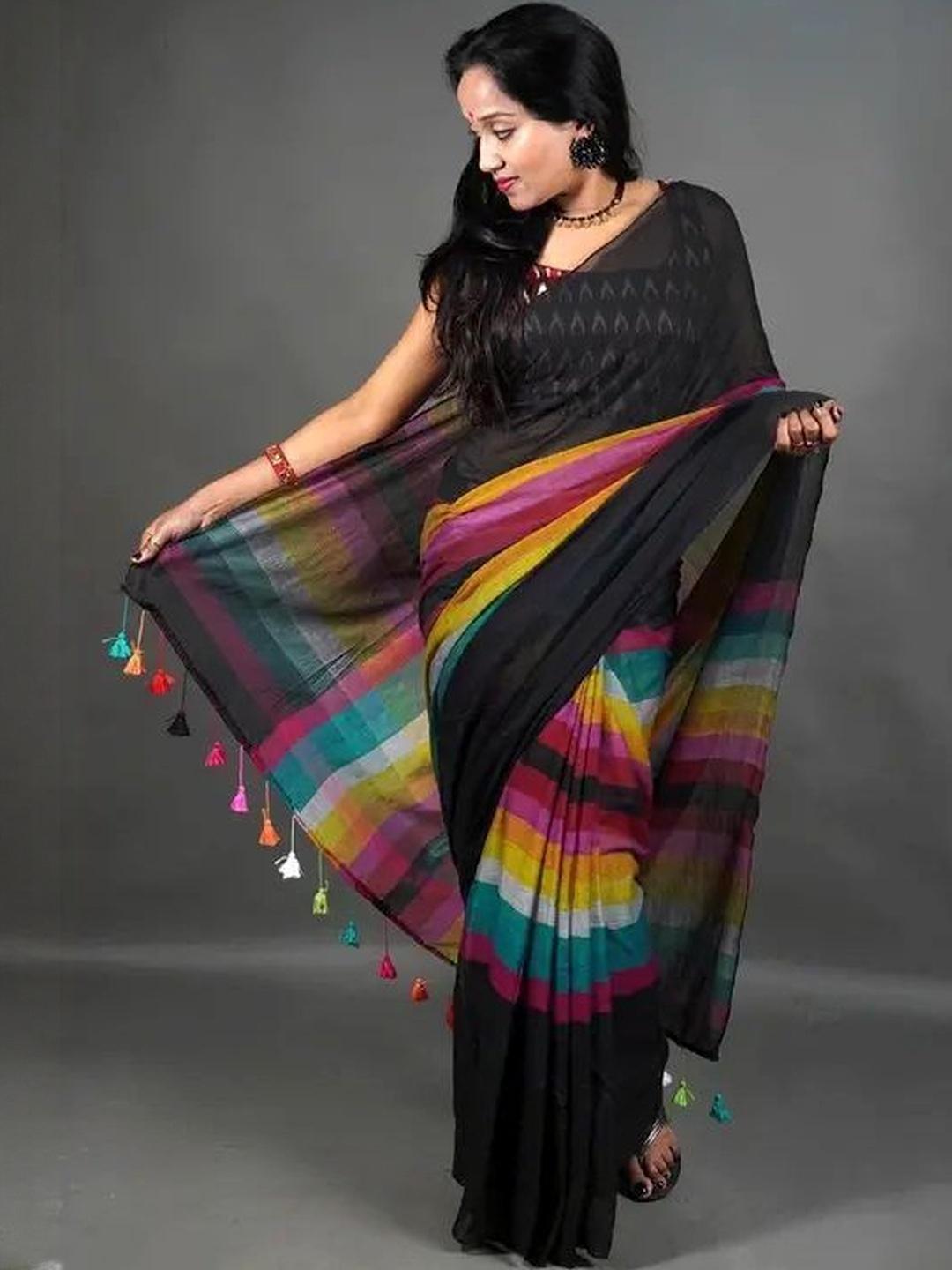 Buy RIDDHIMAN FASHION Checked Pure Cotton Ramdhanu Saree With Unstiched ...