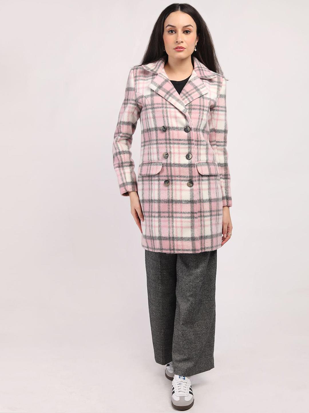 Buy HONNETE Women Checked Notched Lapel Double Breasted Hip Length ...