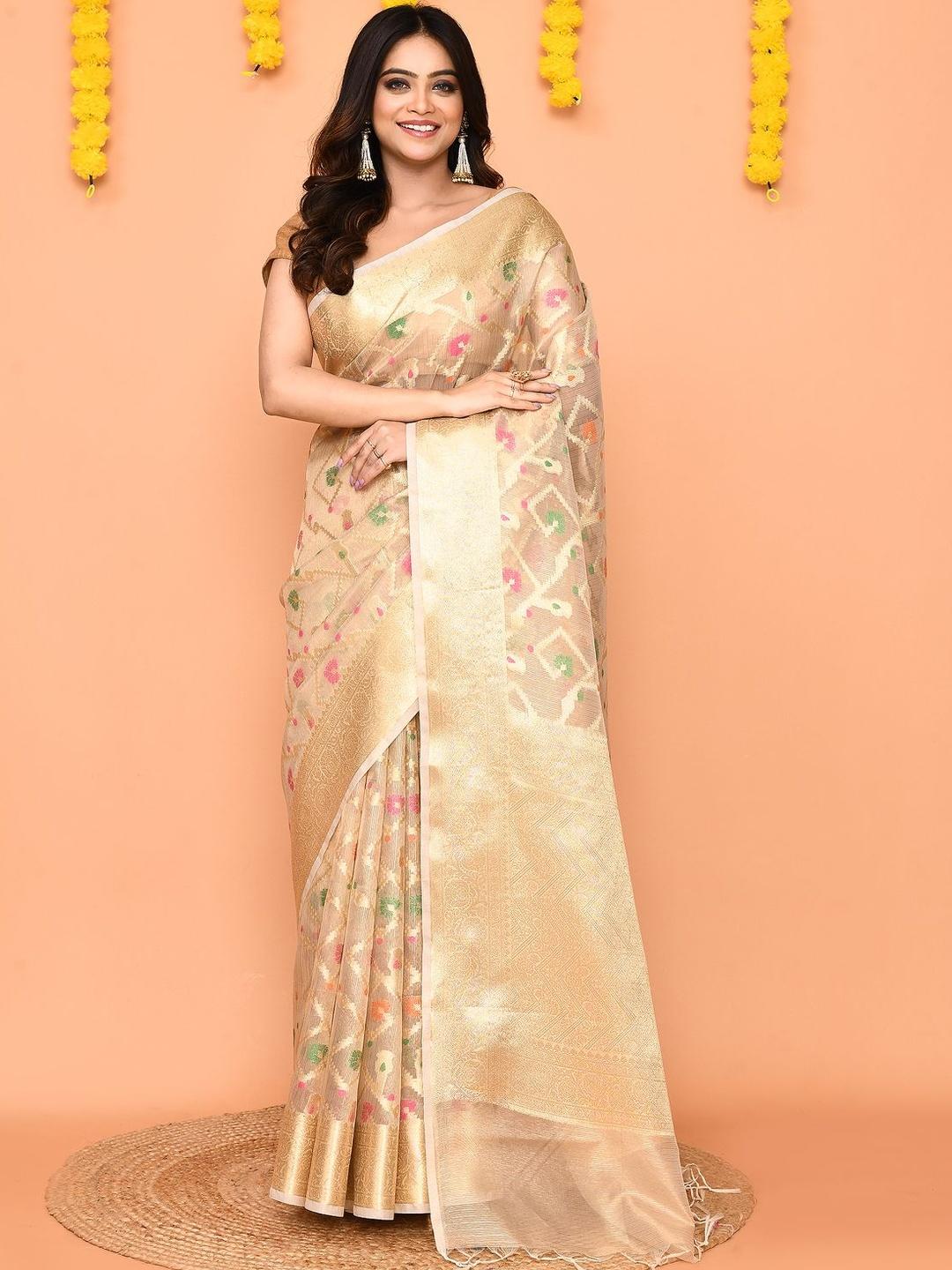 Buy Piyari Fashion Woven Design Zari Jamdani Saree With Stitched Blouse ...