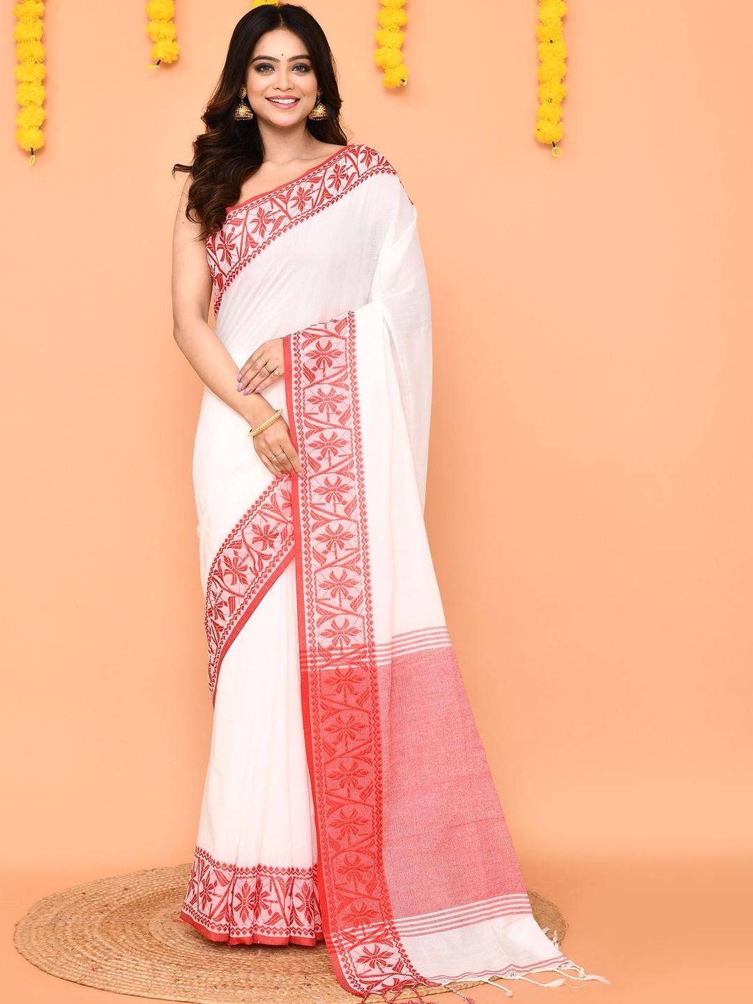 Buy Piyari Fashion Ethnic Motifs Embroidered Pure Cotton Jamdani Saree ...