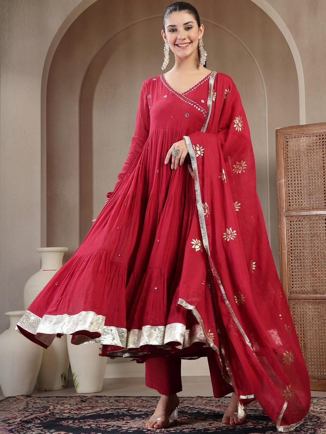 Buy Anouk V Neck Angrakha Mirror Work Pure Cotton Anarkali Kurta With ...