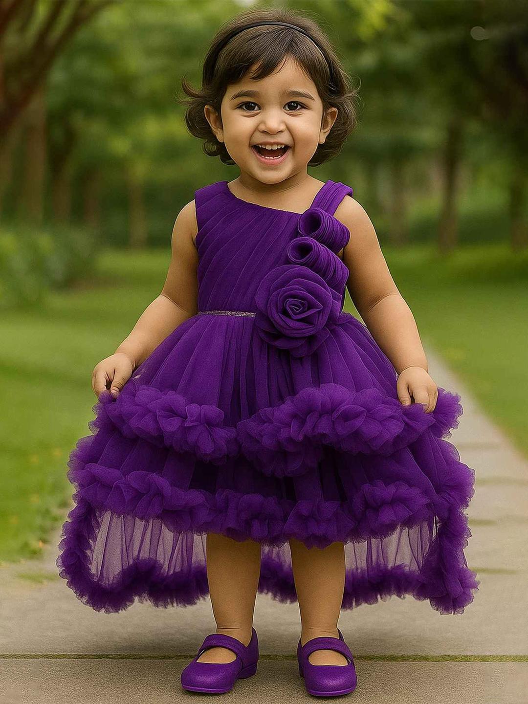 Buy Lagorii Girls High Low Party Frock With Floral Embellished & Ruffle ...
