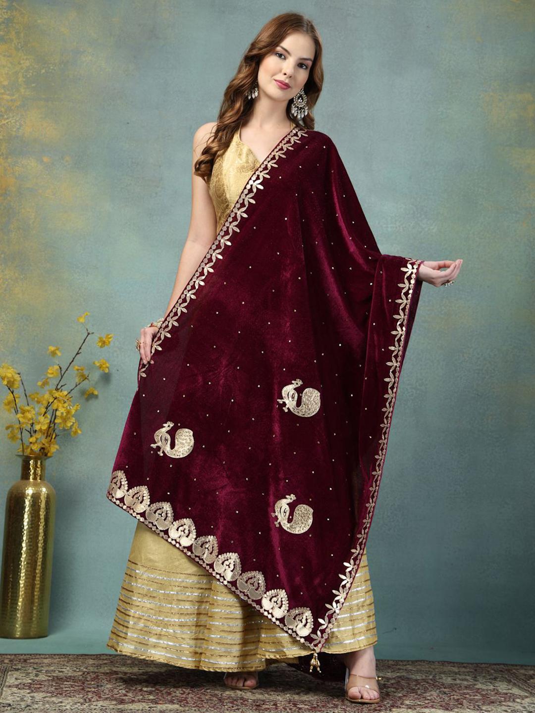 Buy Clora Creation Ethnic Motifs Embroidered Gotta Patti Velvet Dupatta ...