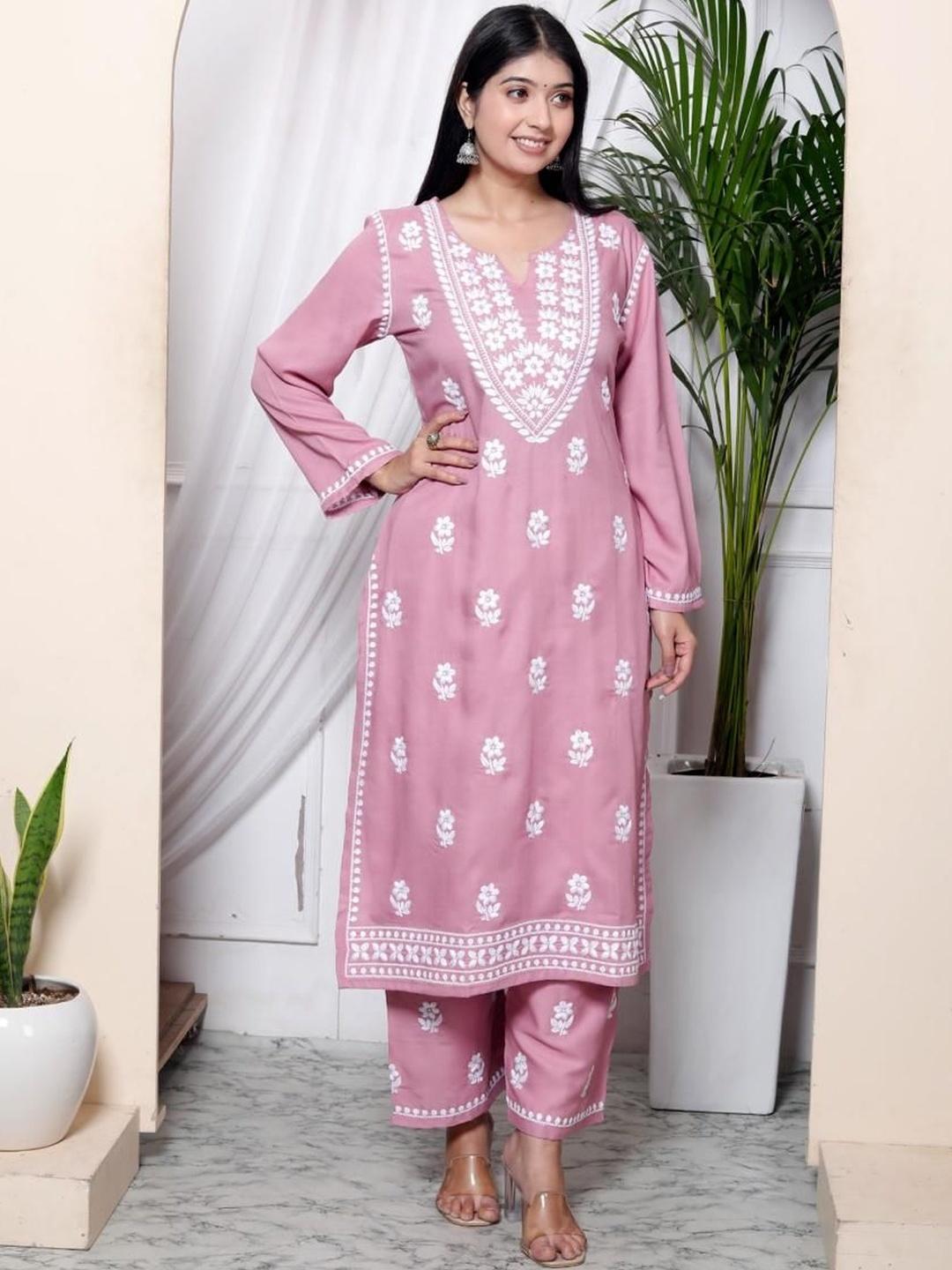 Buy ANGIYA Ethnic Motifs Embroidered Chikankari Pure Cotton Kurta With ...