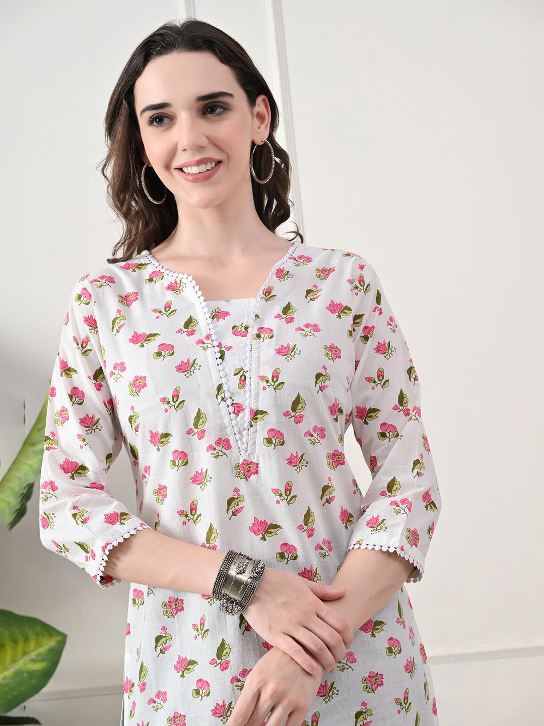 Buy Vaimiya Women Floral Printed Square Neck Pure Cotton Kurti - Kurtis ...