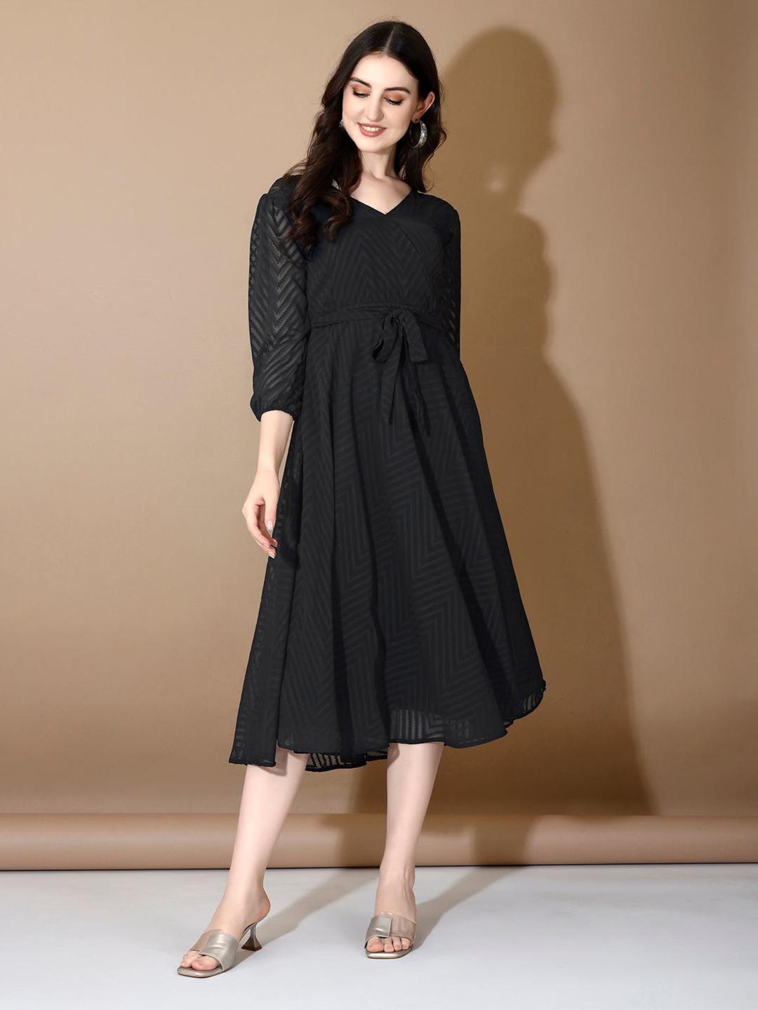 Buy GLOSIA DESIGN Women Self Design Georgette Fit & Flare Midi Dress ...