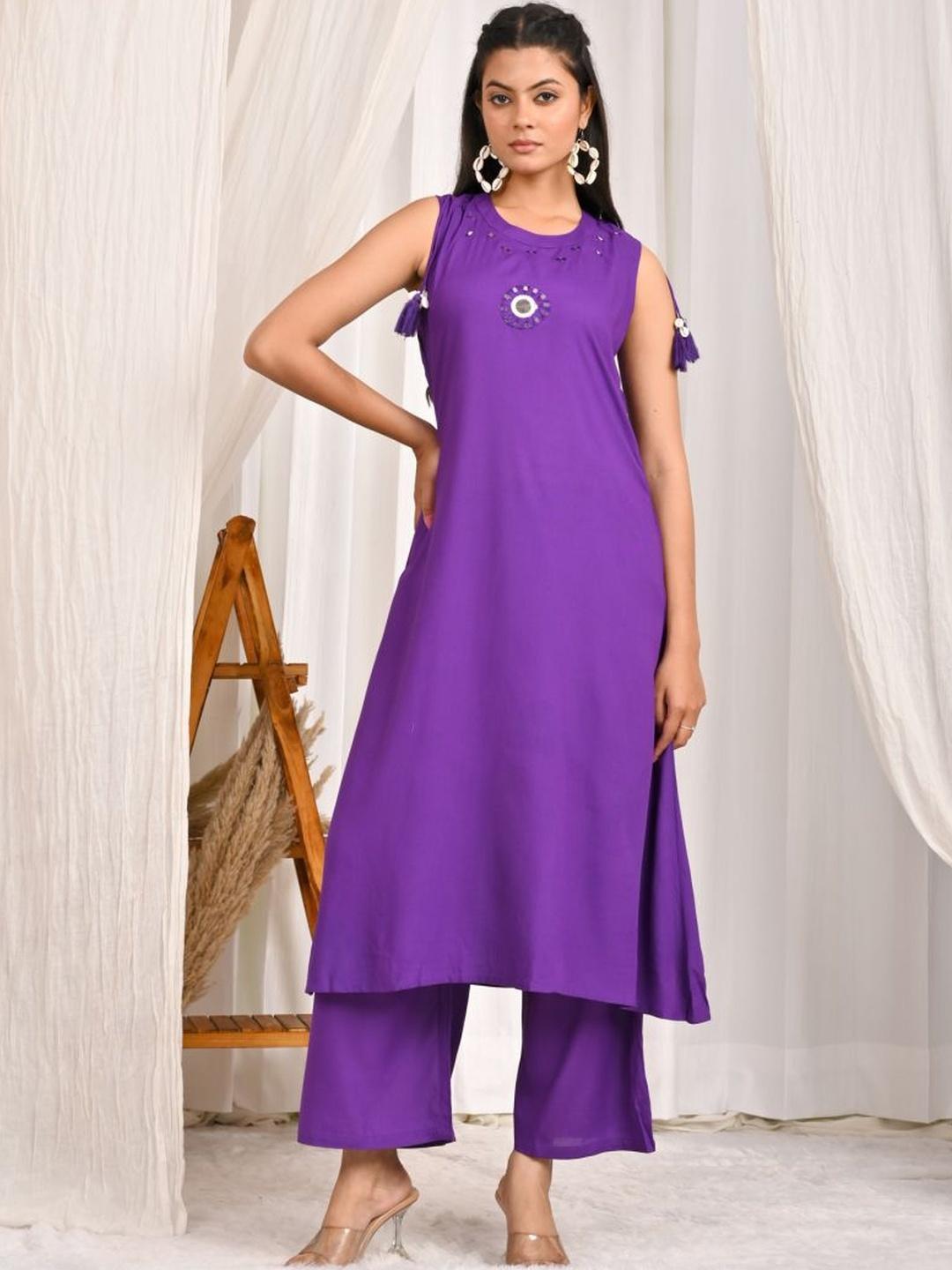Buy Karaveera Women Mirror Work Kurta With A Line Palazzos Kurta Sets ...