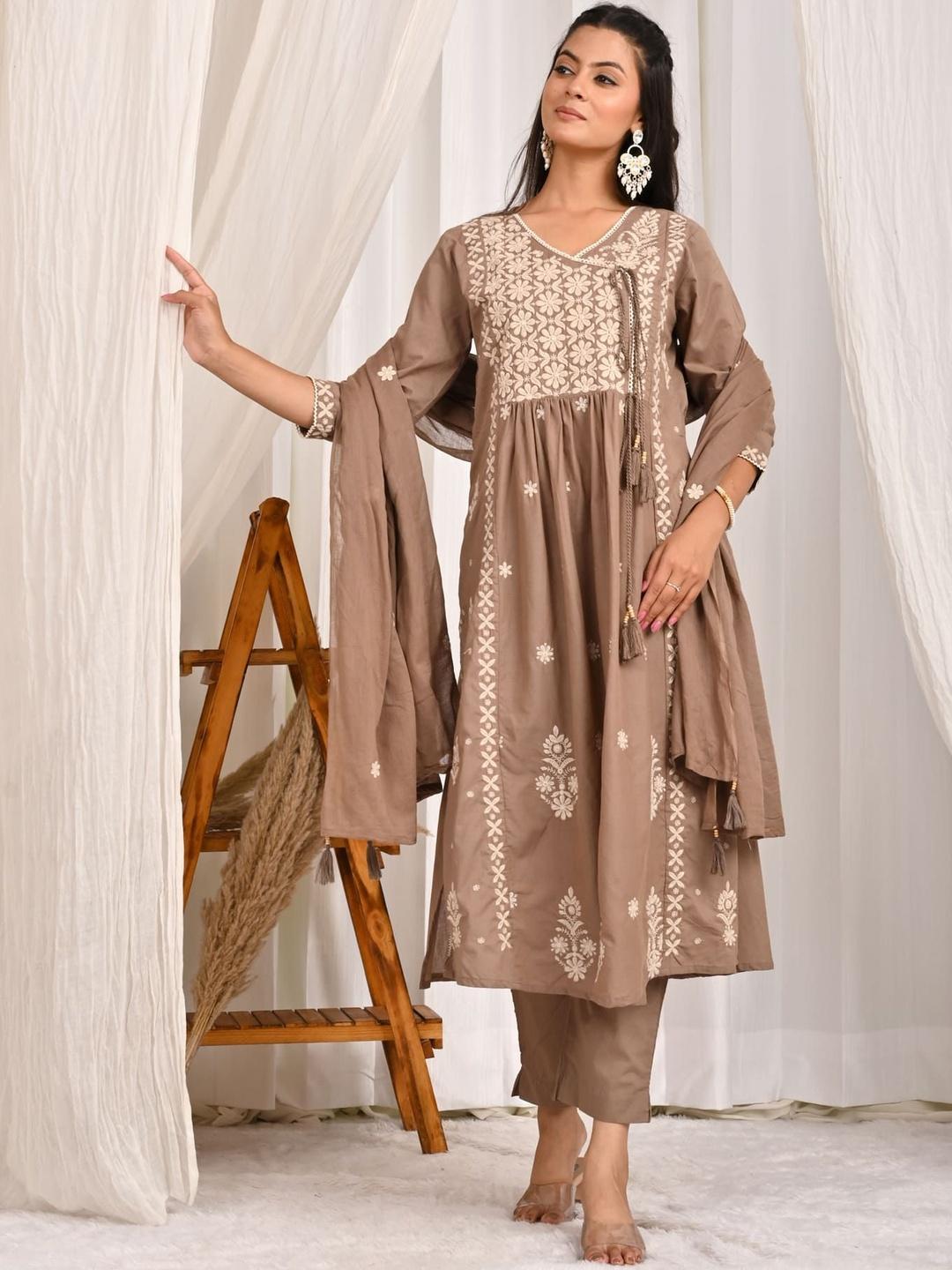 Buy Karaveera Floral Embroidered Angrakha Pure Cotton Anarkali Kurta ...