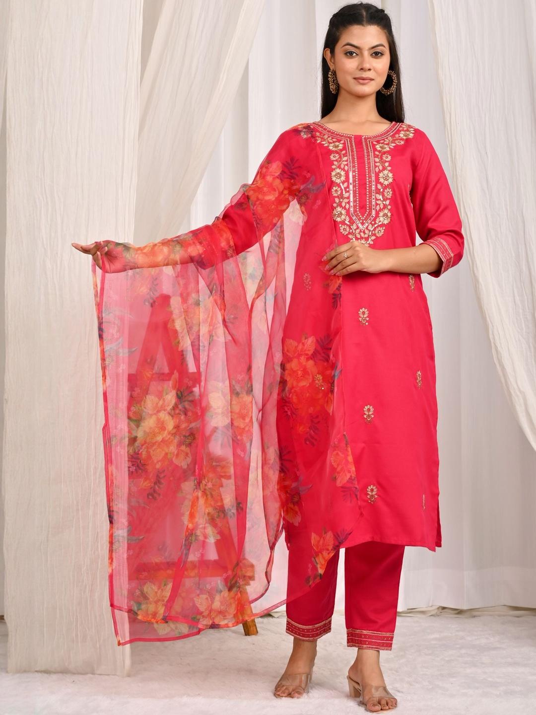Buy Karaveera Women Floral Embroidered Regular Kurta With Trousers ...