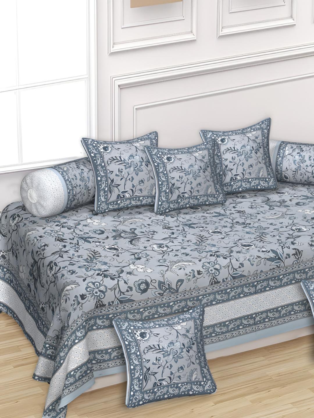 Buy Texstylers Blue & White 8 Pieces Floral Printed Cotton Diwan Set ...