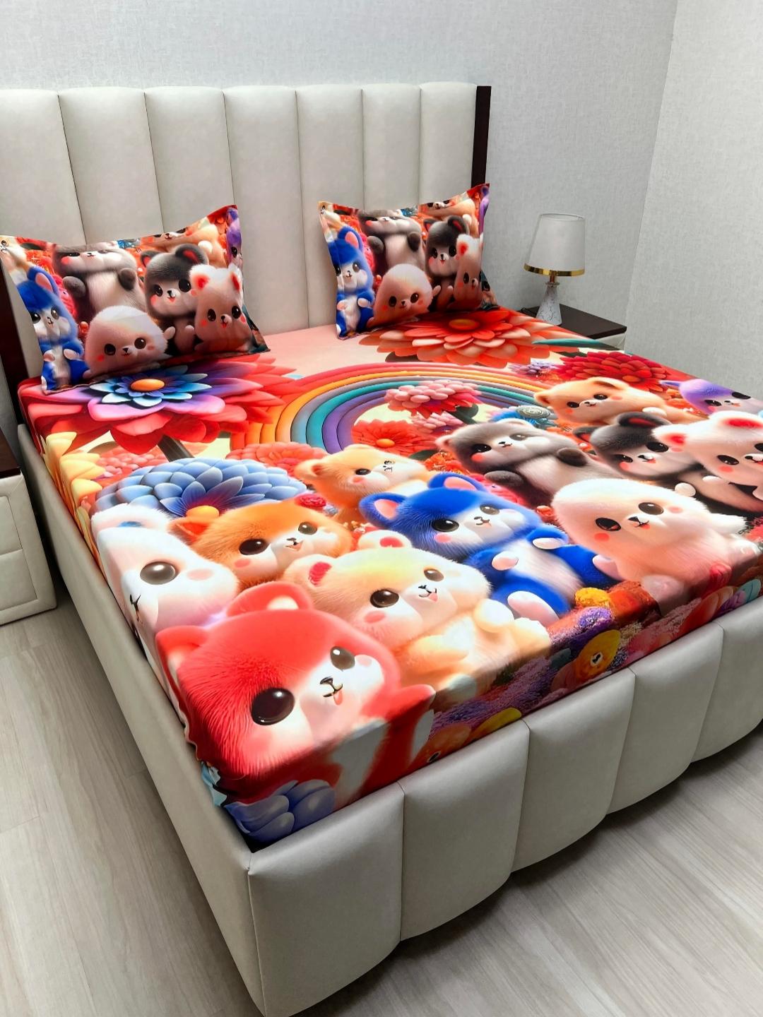 Buy Pure Decor Red & Blue Cartoon Characters 130 TC Queen Bedsheet Set ...