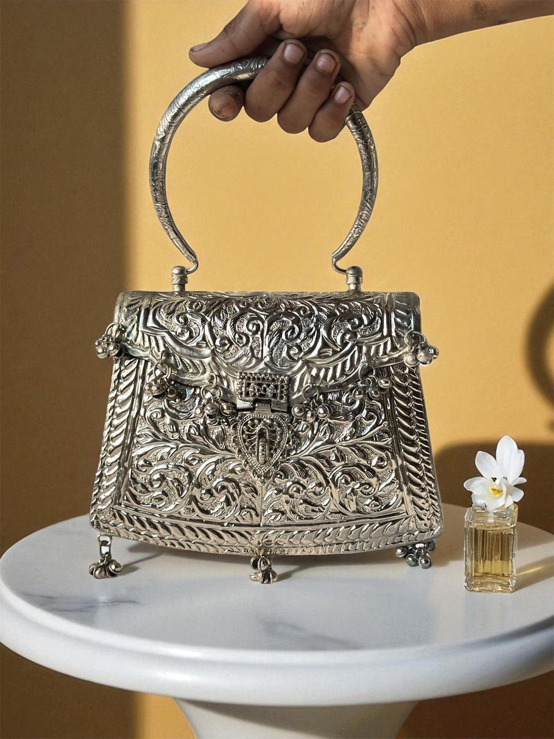 Buy DCI Silver Toned Textured Wrist Loop Antique Purse Clutch ...
