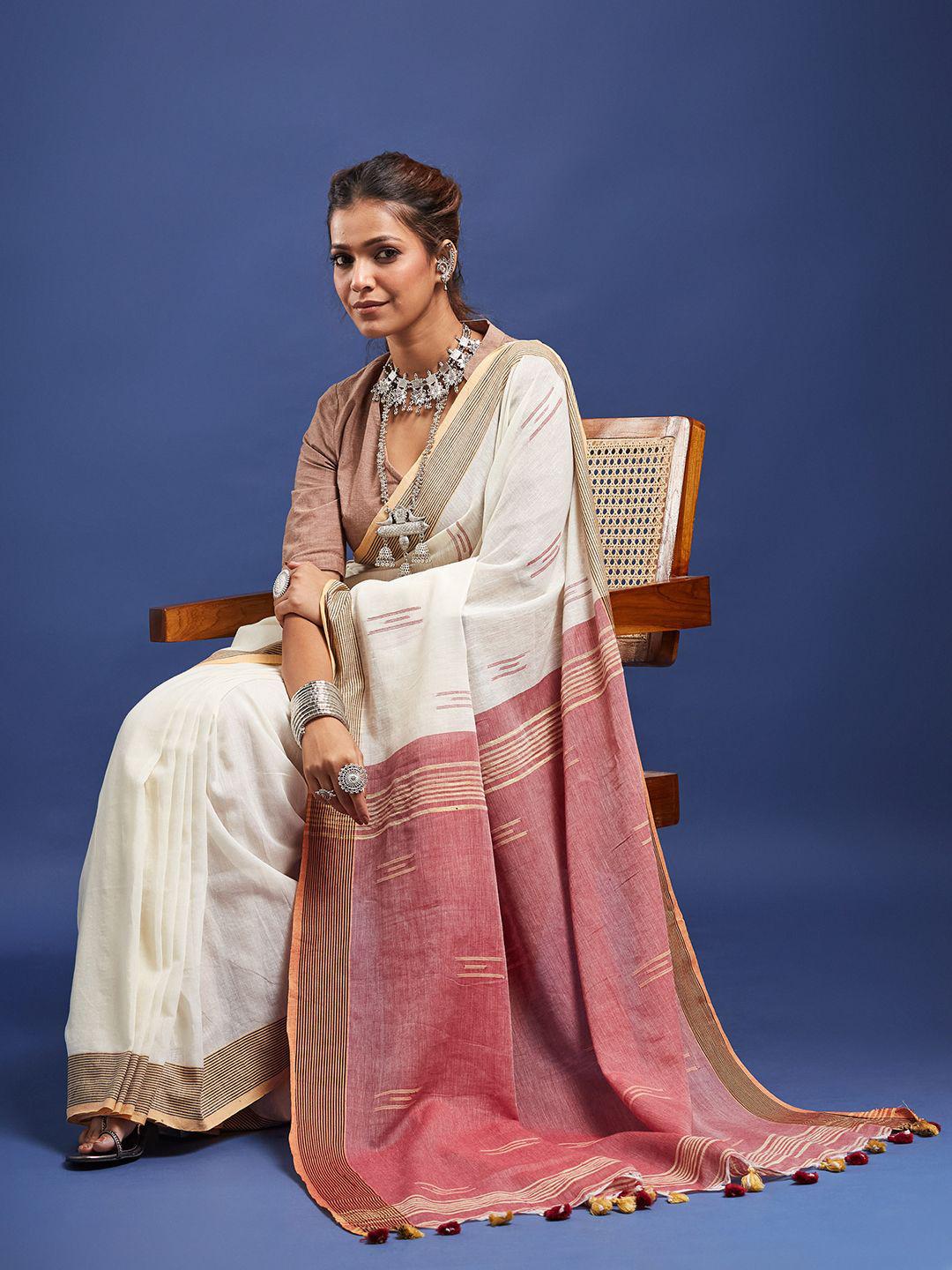 Buy Taavi Women Buti Cotton Woven Design Zari Saree With Tassels ...