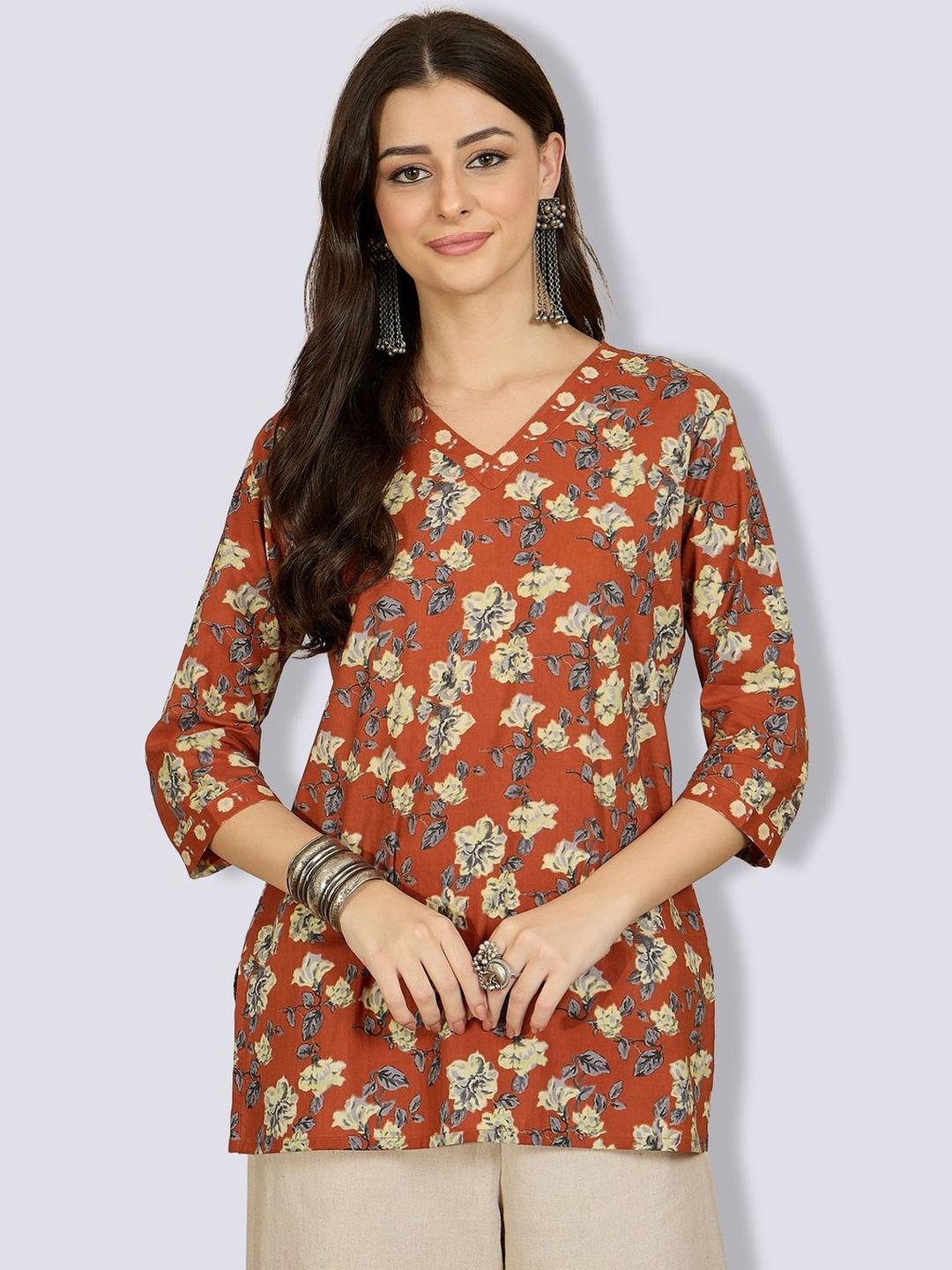 Buy VANSIRI Women Floral Printed V Neck Pure Cotton Straight Kurti ...