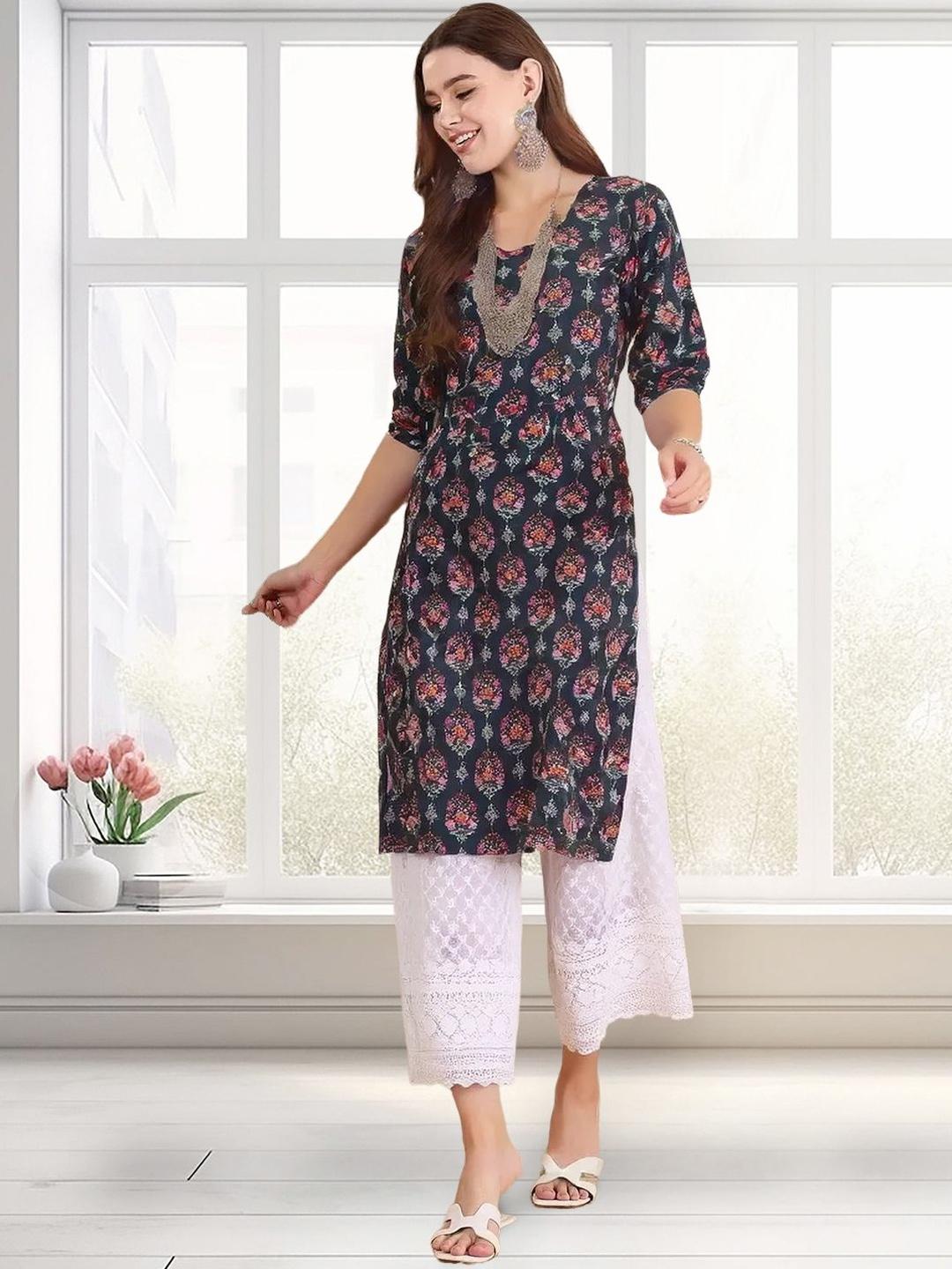 Buy SZN Ethnic Motifs Round Neck Straight Kurtas - Kurtas for Women ...
