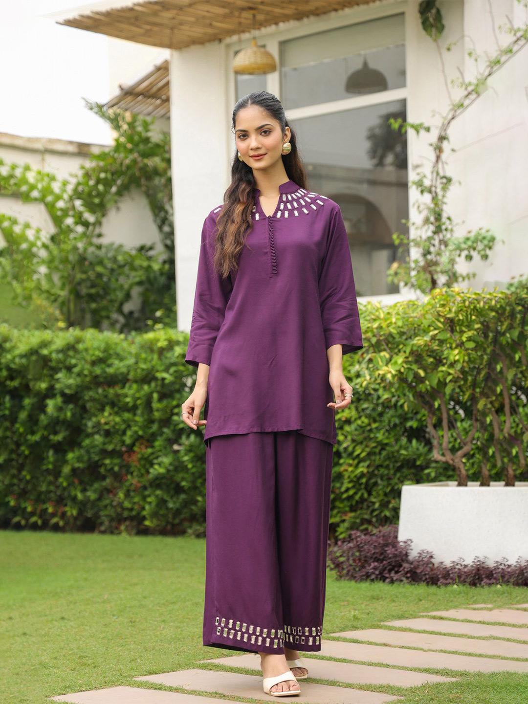Buy JISORA Embellished Mandarin Collar Russian Silk Tunic With Palazzo ...