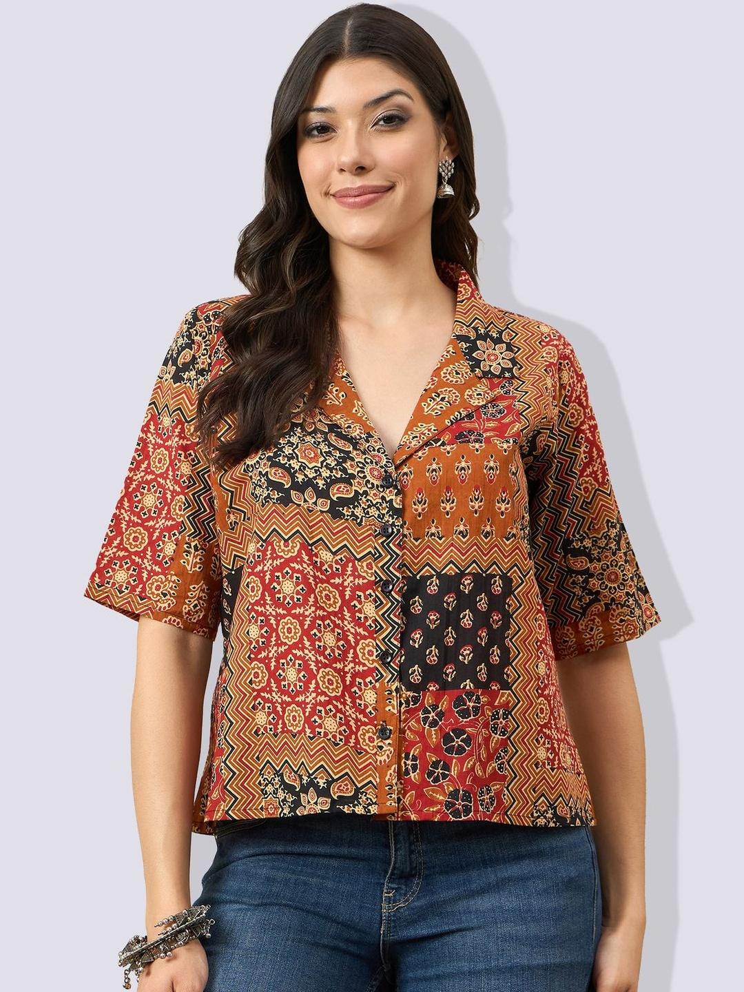 Buy VANSIRI Women Ethnic Motifs Printed Shirt Collar Cotton Top - Tops ...