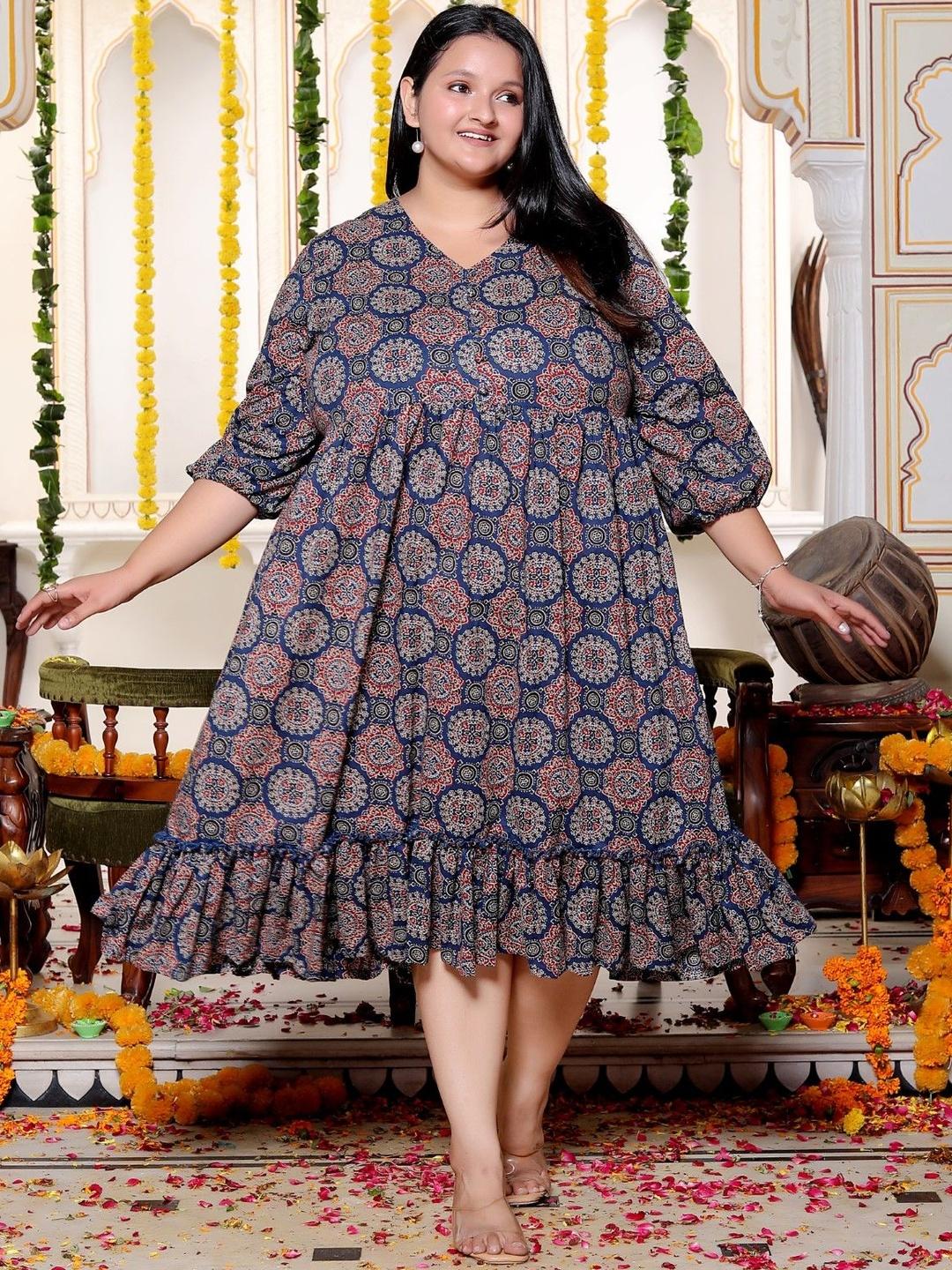 Buy Swasti Women Ethnic Motifs Print Cotton Fit & Flare Plus Size Midi ...