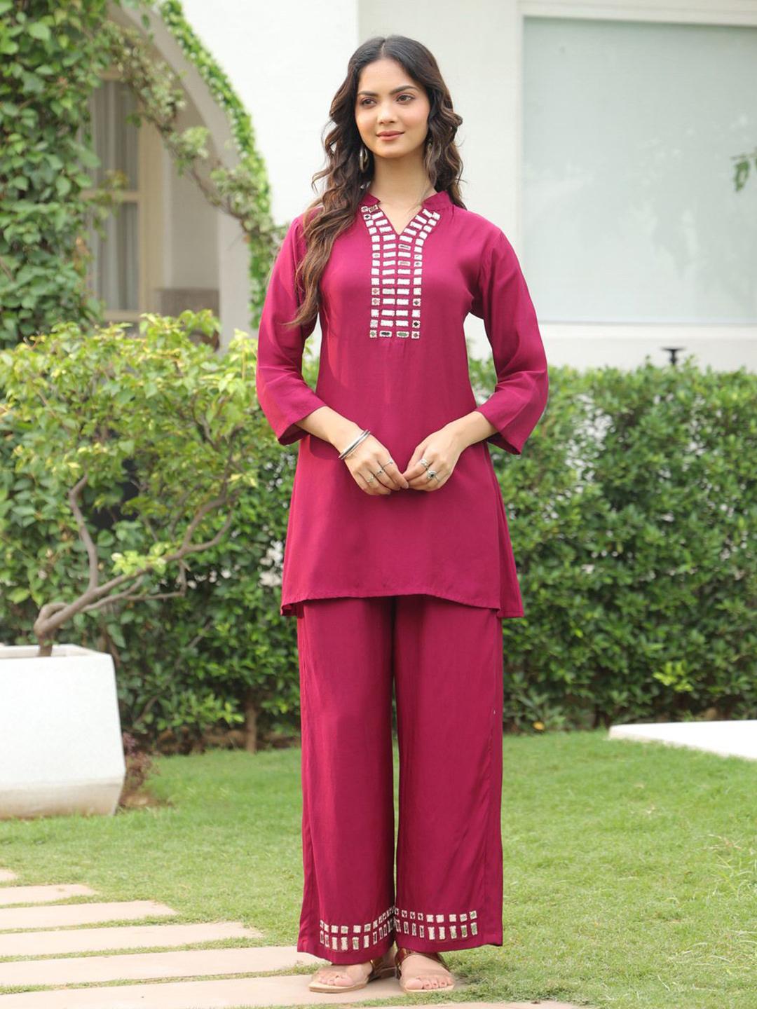 Buy JISORA Embellished Mandarin Collar Russian Silk Tunic With Palazzo ...
