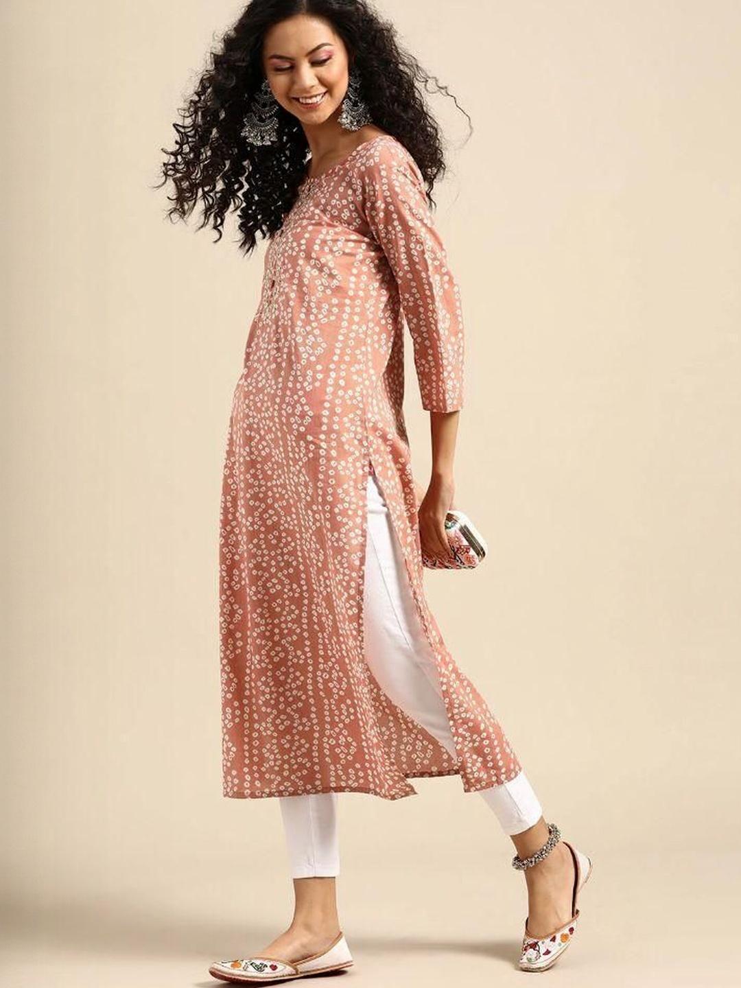 Buy ANGIYA Bandhani Printed Thread Work Pure Cotton Straight Kurta With ...