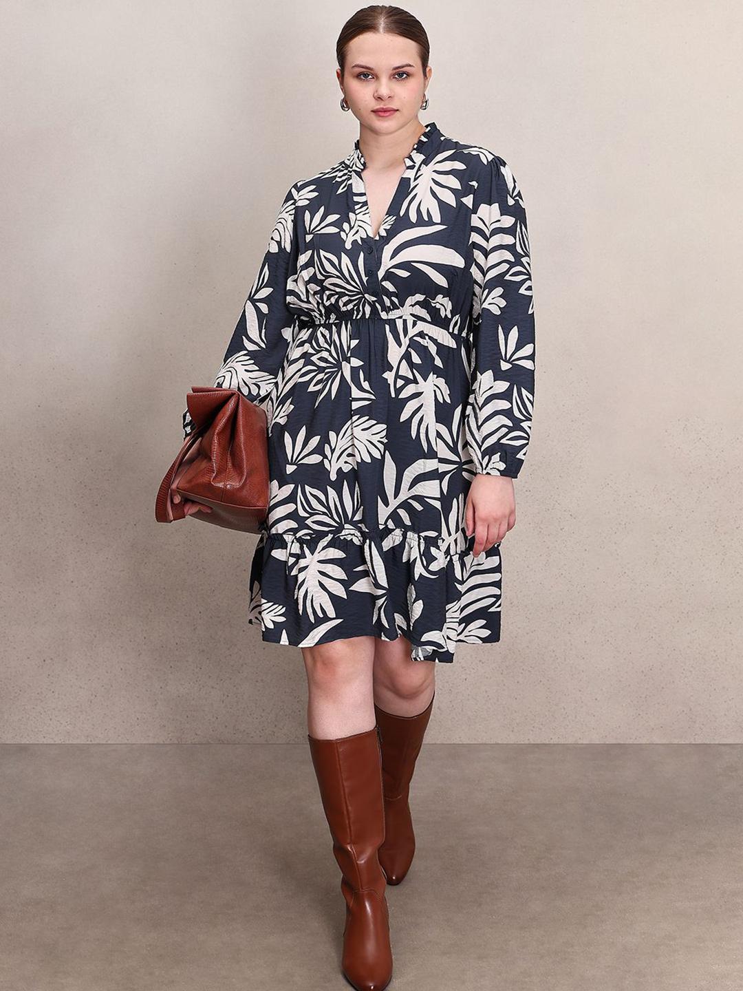 Buy VERO MODA CURVE Floral Printed Mandarin Collar Puff Sleeves Fit ...