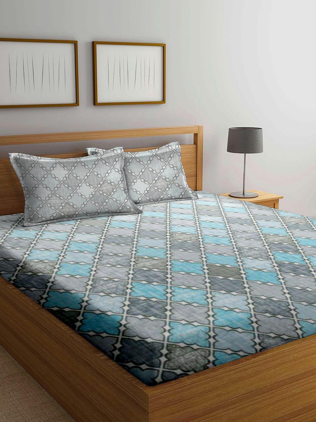 Buy BOMBAY DYEING Green & Grey 120 TC Pure Cotton Super King Bedsheet ...